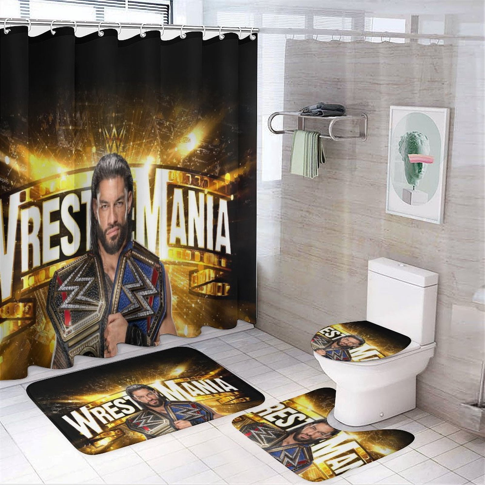 4 Piece Roman Wrestler Reign Shower Curtain Sets with Rugs, Toilet Lid ...