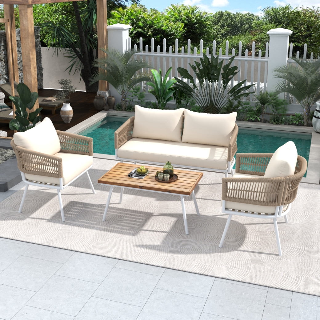 4-Piece Rope Patio Furniture Set,Outdoor Furniture with Wood Table ...