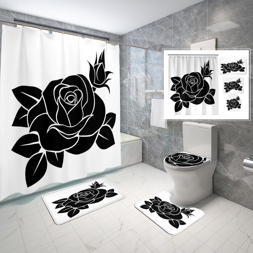 4 Piece Rose Flower Shower Curtain Set Blue Leaves Hydrangea Bathroom ...