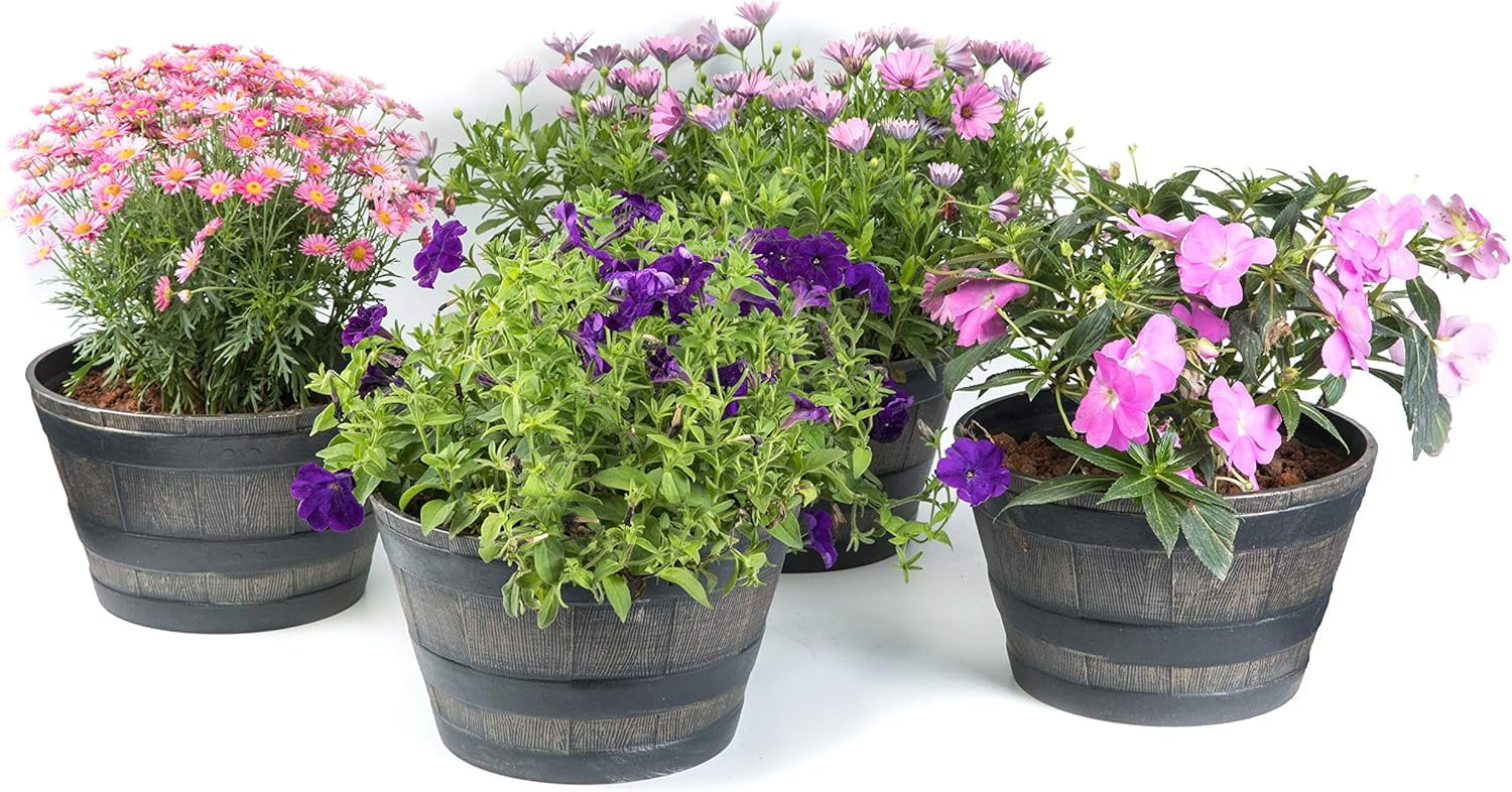 4-Piece Round Half Barrel Flower Pots Rustic Farmhouse Style Faux Wood ...