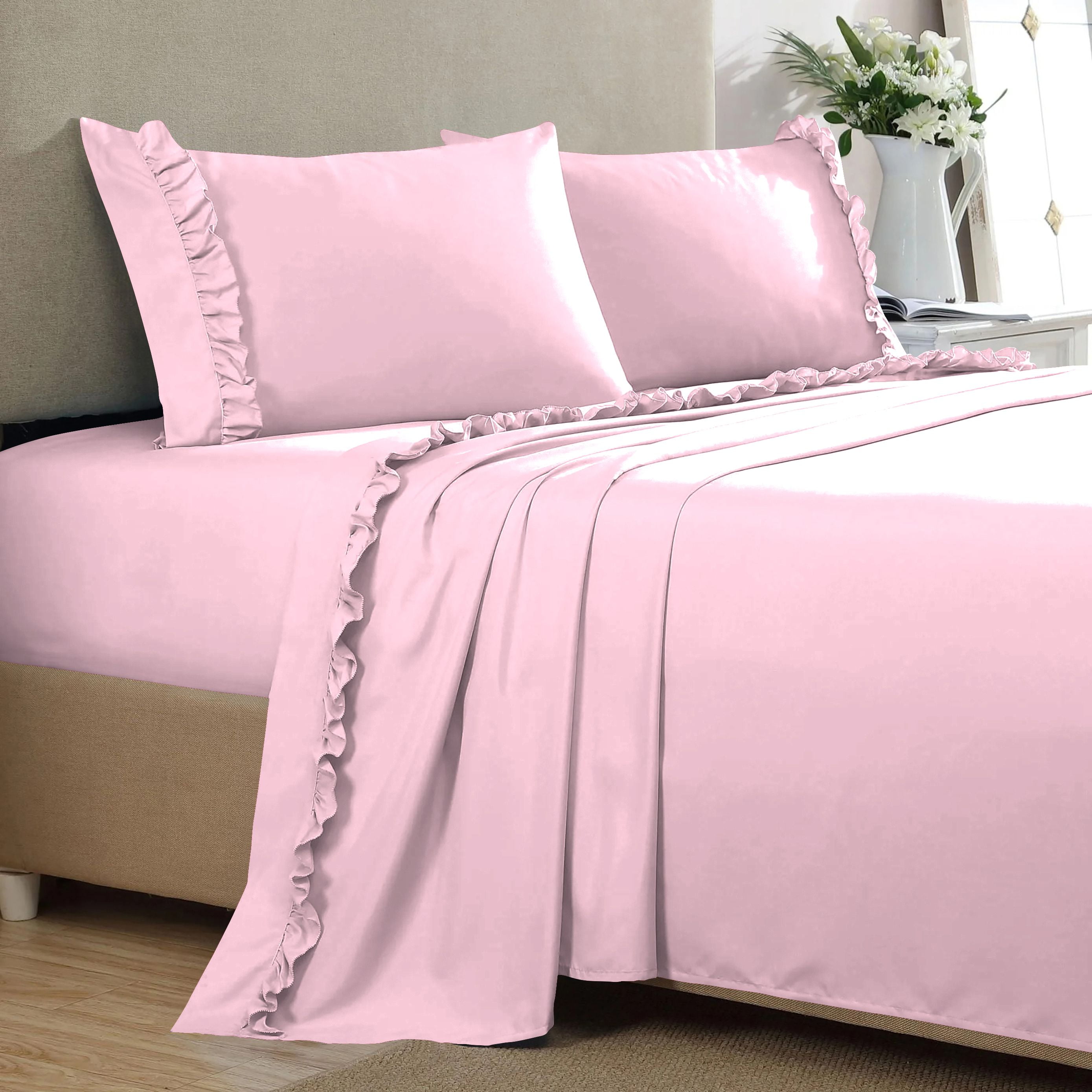 4 Piece Ruffle Sheet Set, 2" Inch Ruffle Hem On Flat Sheet, 12 Inch ...