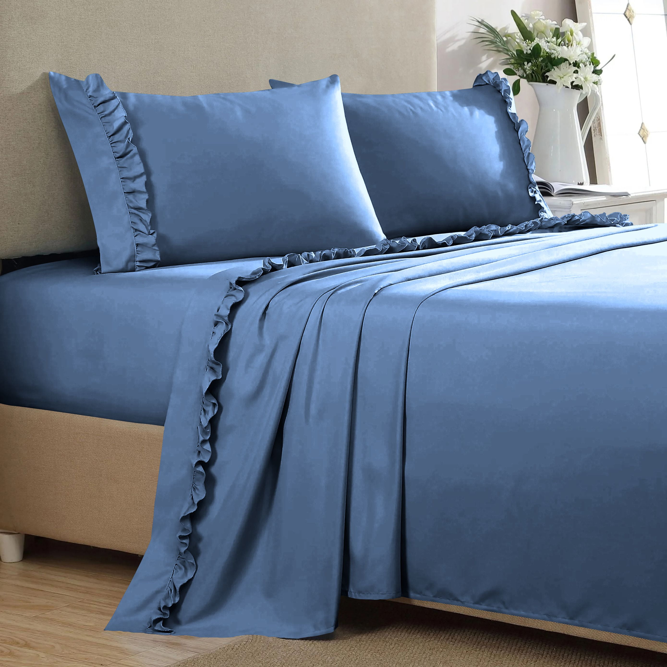 4 Piece Ruffle Sheet Set, 2" Inch Ruffle Hem On Flat Sheet, 8 Inch Deep ...