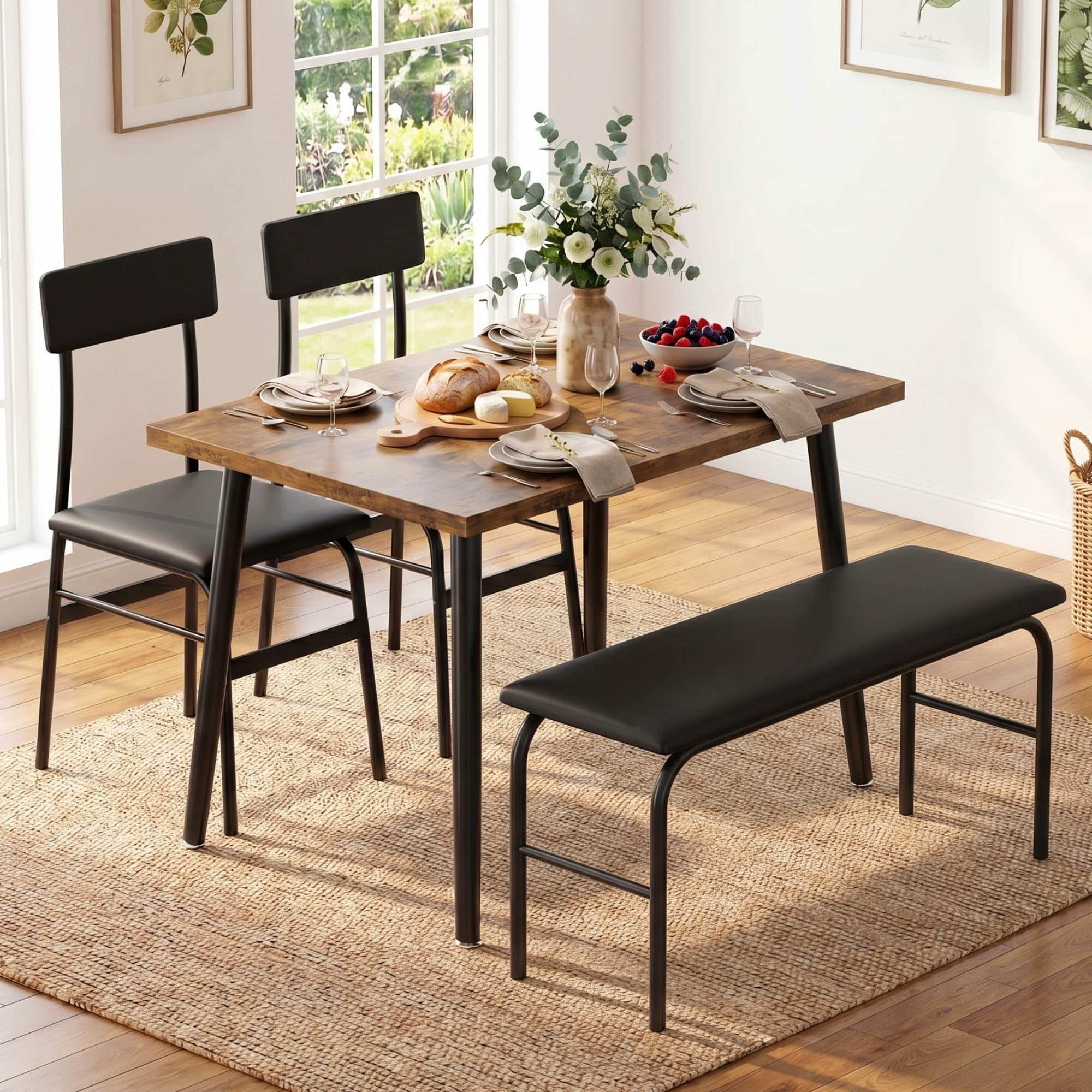 4-Piece Rustic Brown Dining Set, Compact Table with Bench, Space-Saving ...