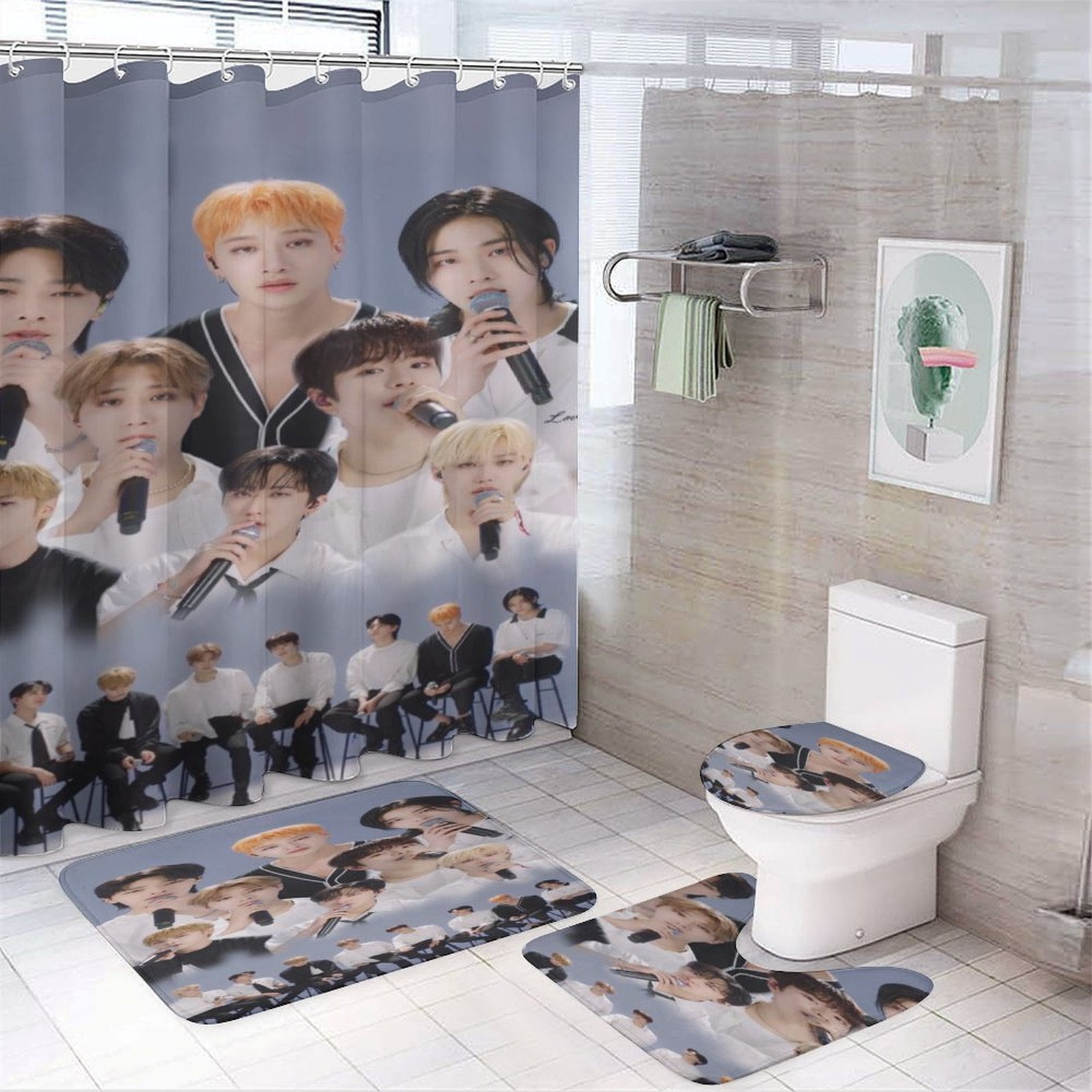 4 Piece SKZ Stray Korea Ki-DS Shower Curtain Sets with Rugs, Toilet Lid ...
