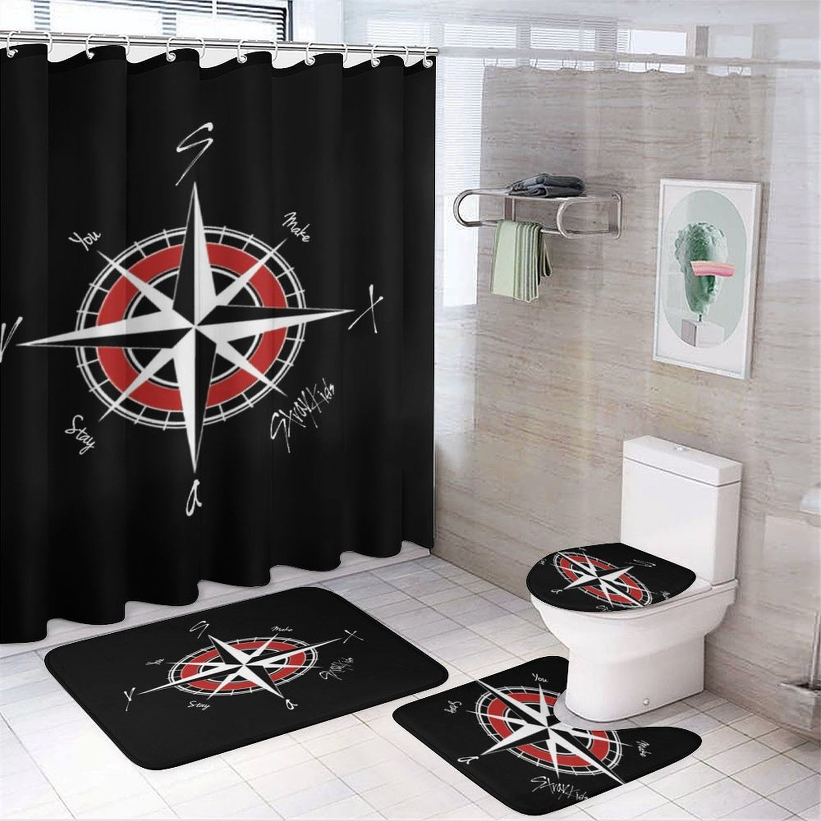 4 Piece SKZ Stray Korea Ki Shower Curtain Sets with Rugs, Toilet Lid ...