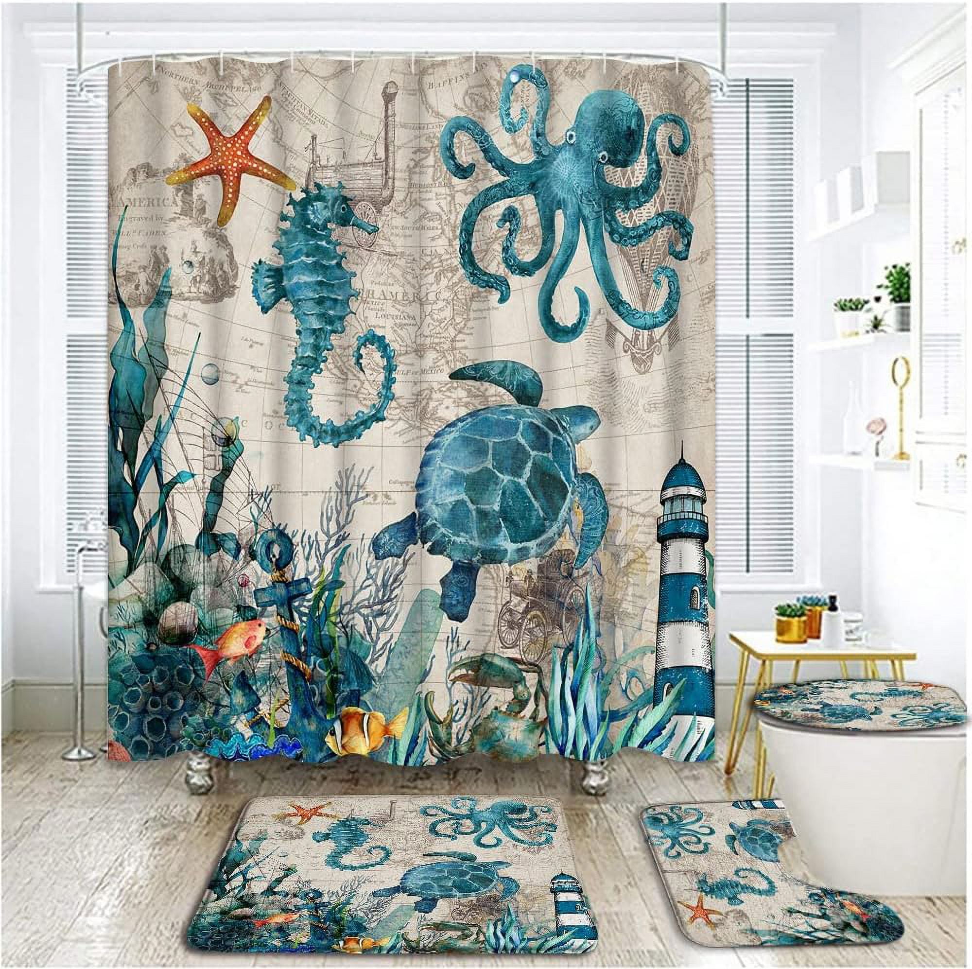4 Piece Sea Turtle Shower Curtain Sets with Rugs, Toilet Lid Cover ...