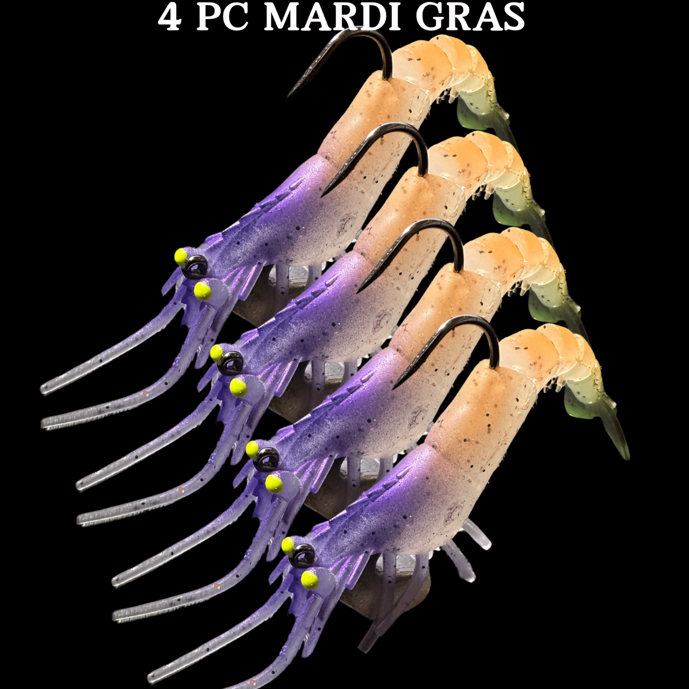4 Piece Set 12g 70mm Mojo Tackle Co. Artificial Shrimp Lures MARDI GRAS ...
