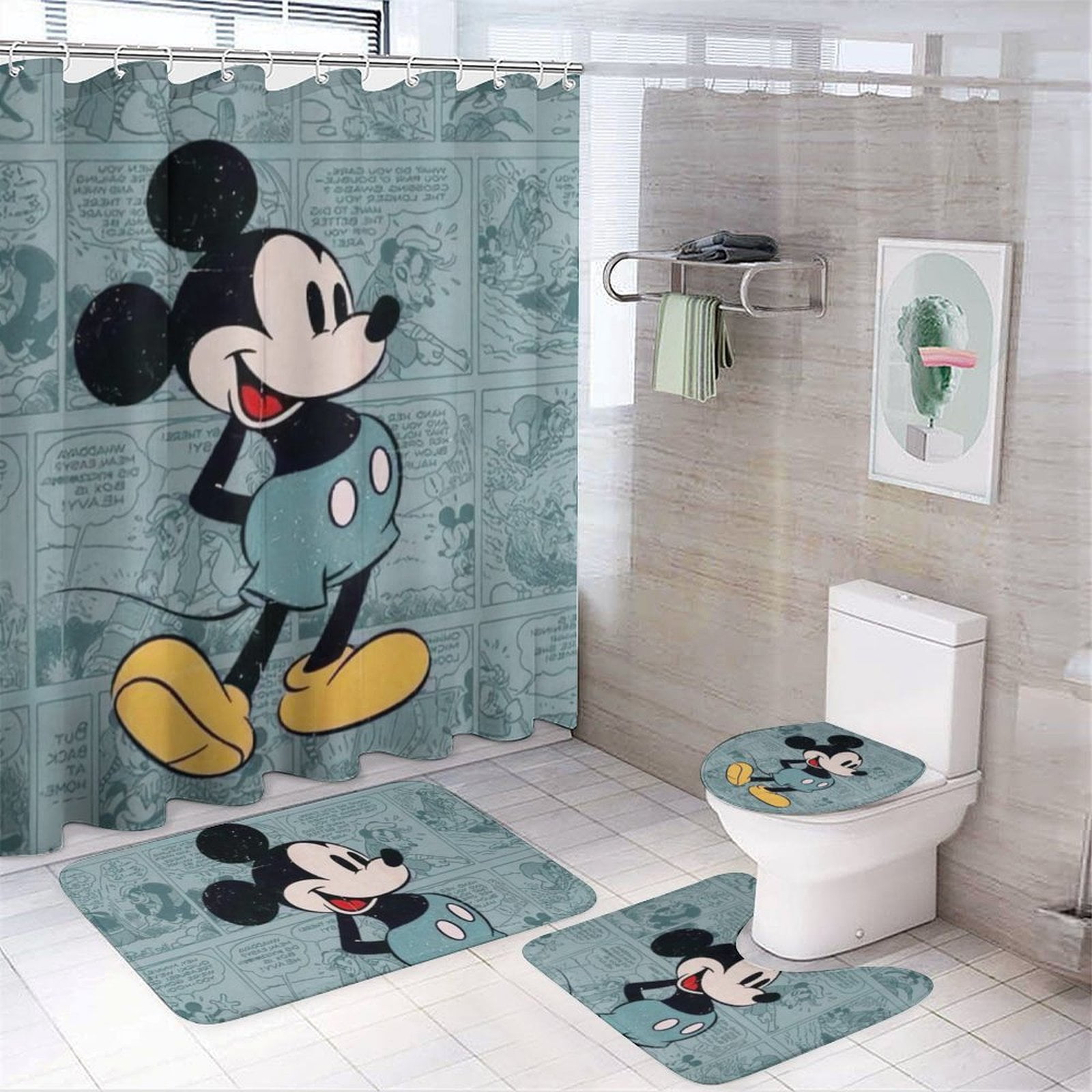 4 Piece Set Mickey MouseShower Curtain, Bathroom Set 72x72in with Non ...