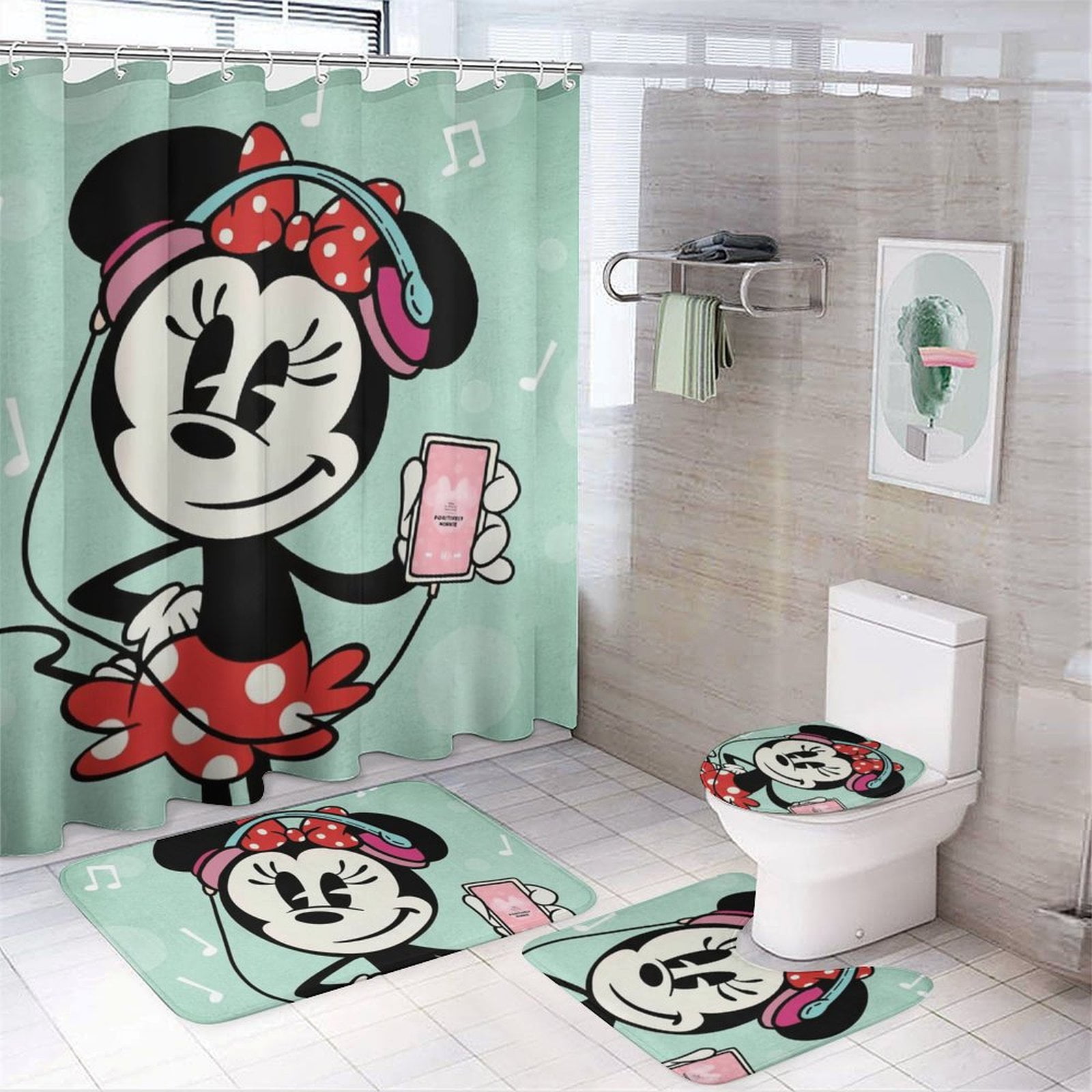 4 Piece Set Minnie MouseShower Curtain, Bathroom Set 72x72in with Non ...