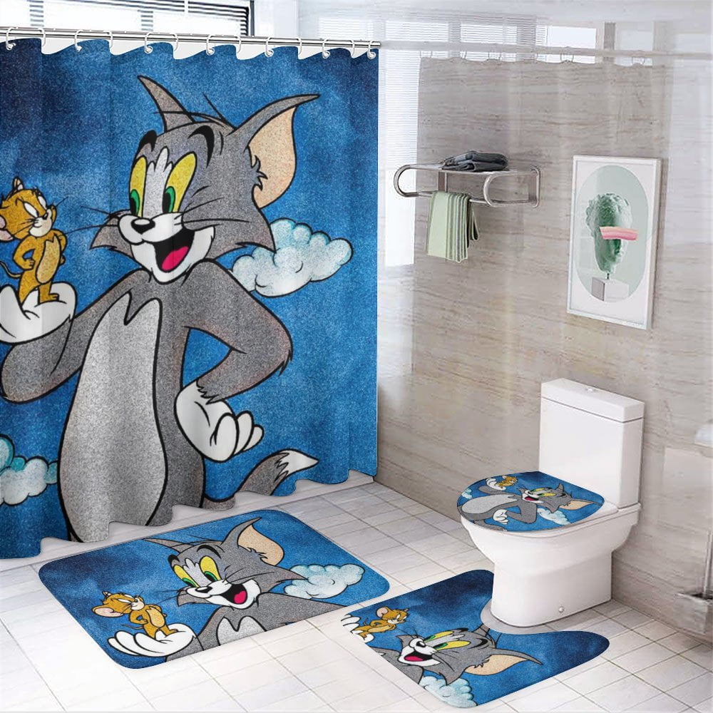 4 Piece Set Tom And JerryShower Curtain, Bathroom Set 72x72in with Non ...