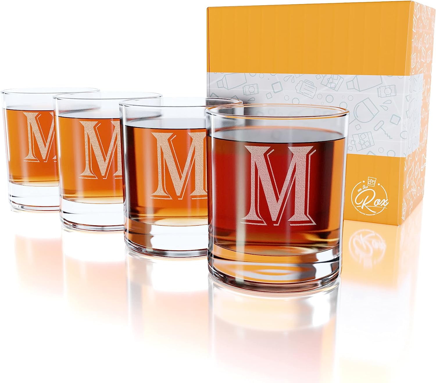 4 Piece Set of 11 Ounce Engraved Heavy Base Rocks Glasses Glass-Multi ...