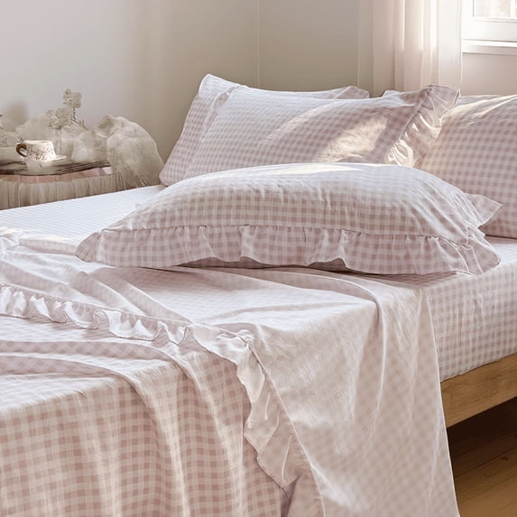 4-Piece Sheet Set, Pink Gingham Ruffle Microfiber Fitted and Flat ...
