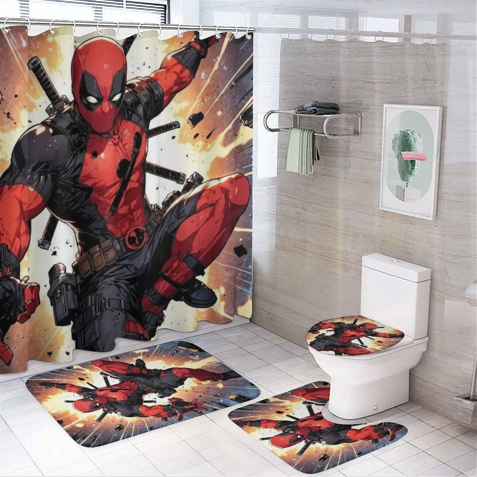 4 Piece Shower Curtain Set with Rugs Deadpool Shower Curtain Bathroom ...