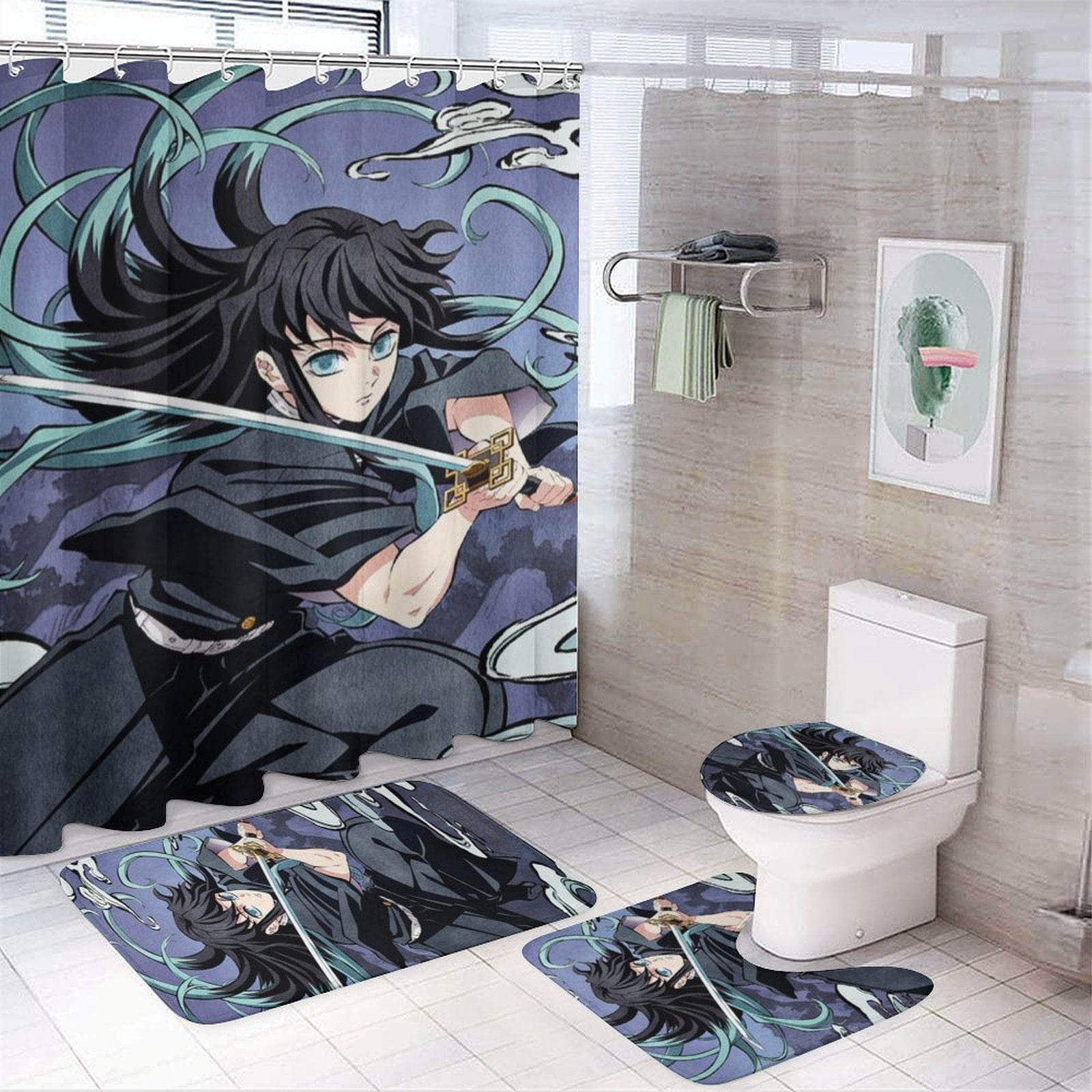 4 Piece Shower Curtain Set with Rugs Demon Slayer Tokitou Muichirou ...