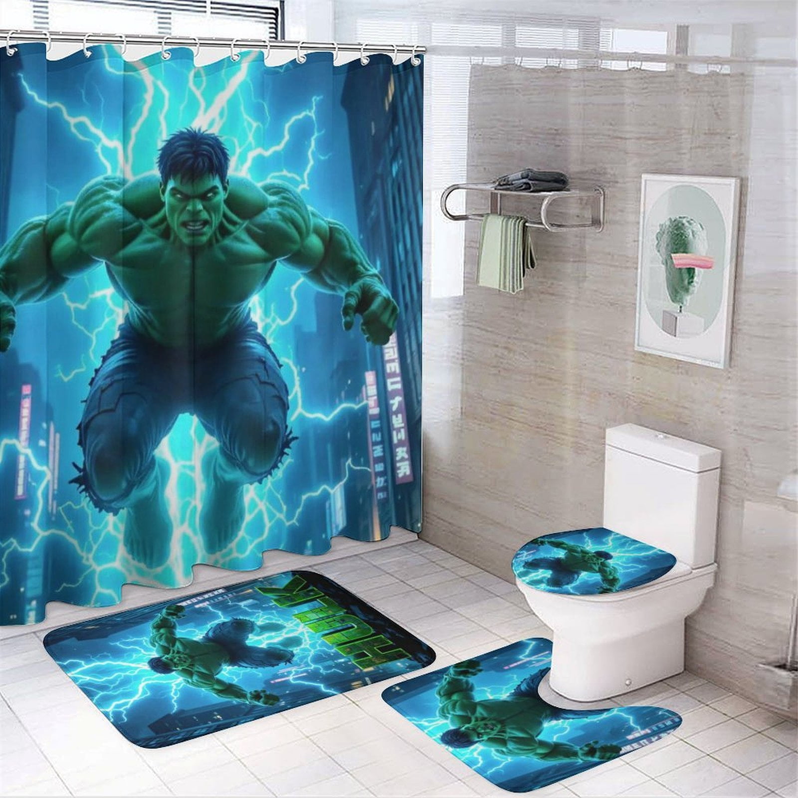 4 Piece Shower Curtain Set with Rugs Green Hulk Shower Curtain Bathroom ...