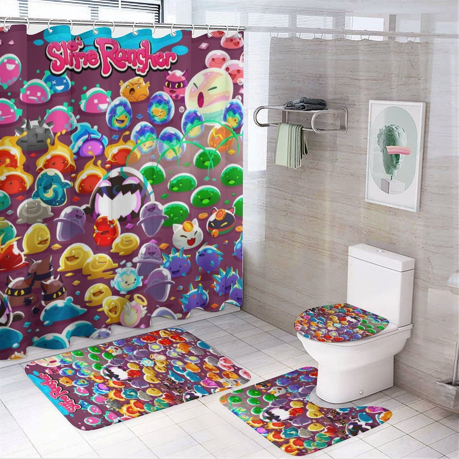 4 Piece Shower Curtain Set with Rugs Slime Rancher Shower Curtain ...