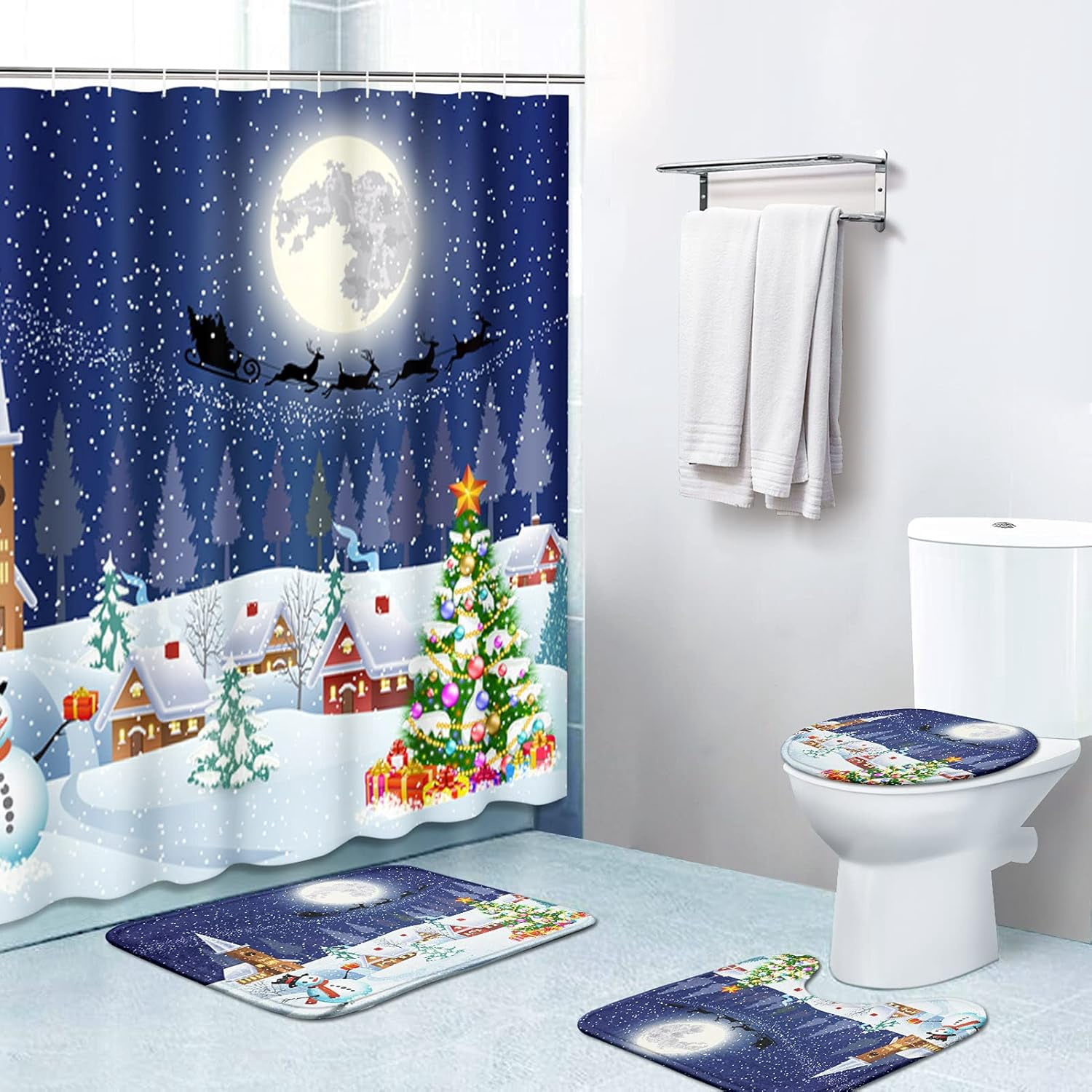 4 Piece Shower Curtain Sets with 12 Hooks, Christmas Santa Claus ...