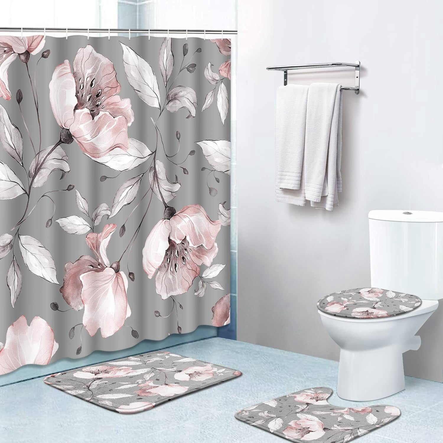 4 Piece Shower Curtain Sets, with 12 Hooks, Floral Tropical Orchids ...