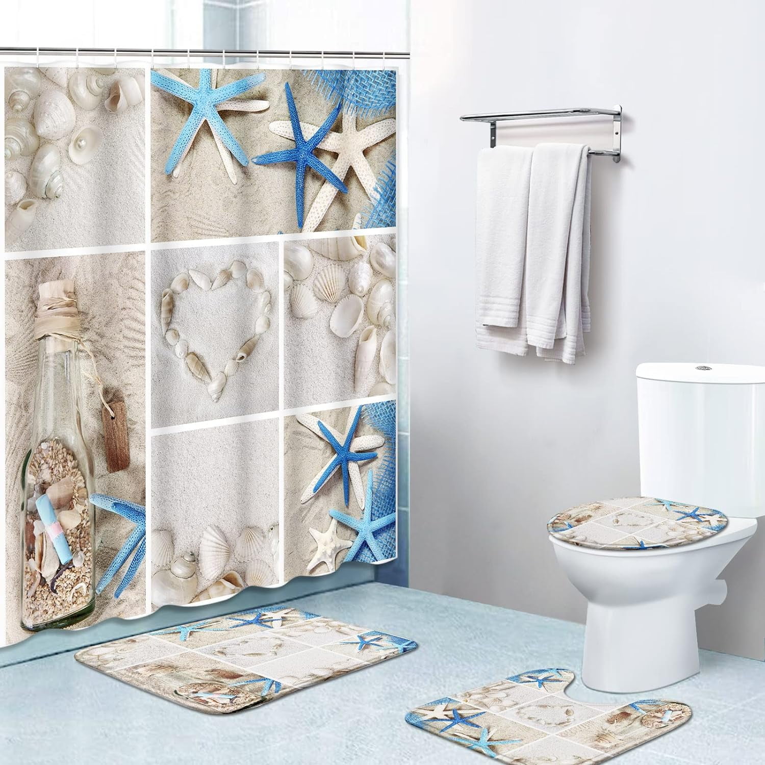 4 Piece Shower Curtain Sets, with 12 Hooks, Ocean Starfish Seashells ...
