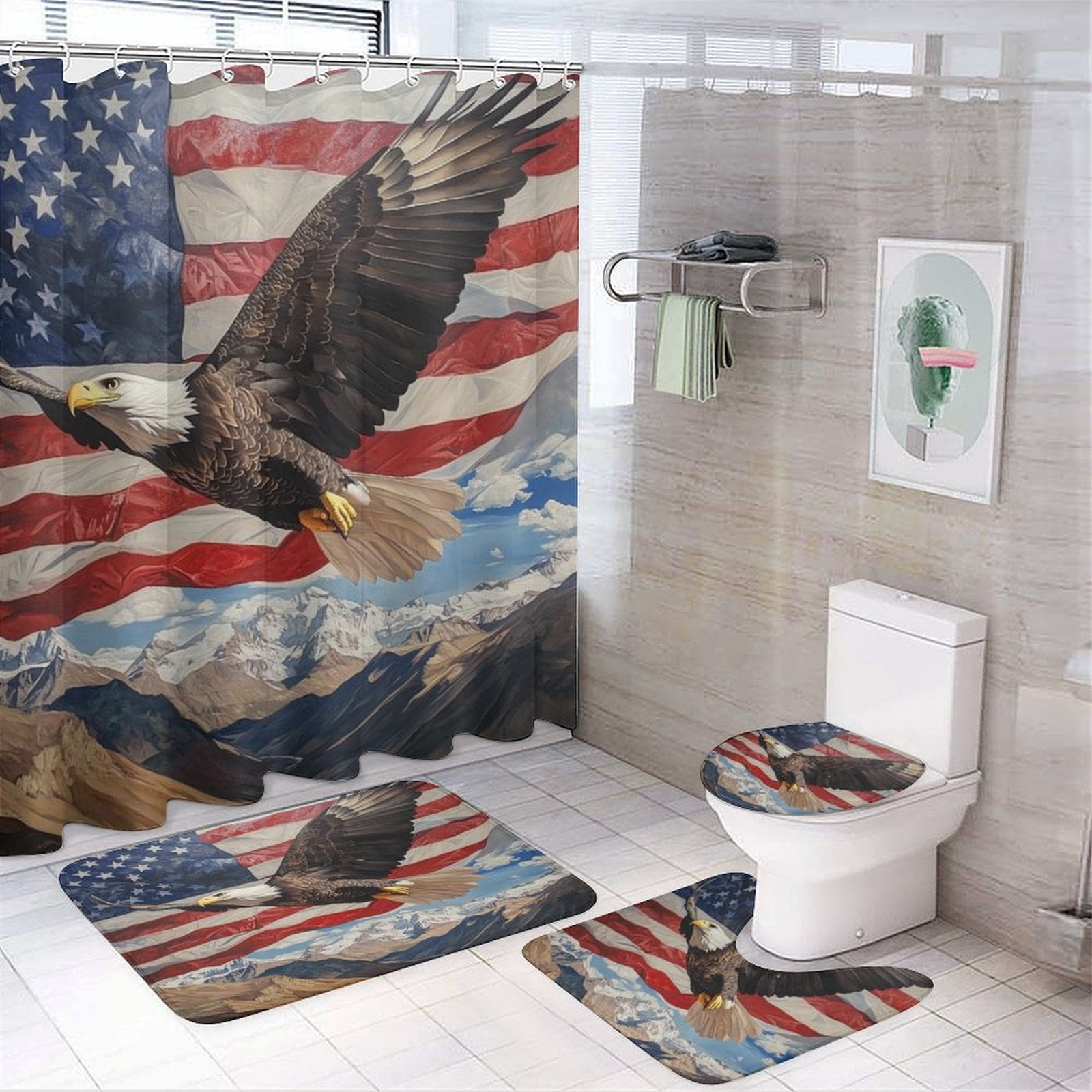 4 Piece Shower Curtain Sets American Bald Eagle with Rugs Toilet Lid ...