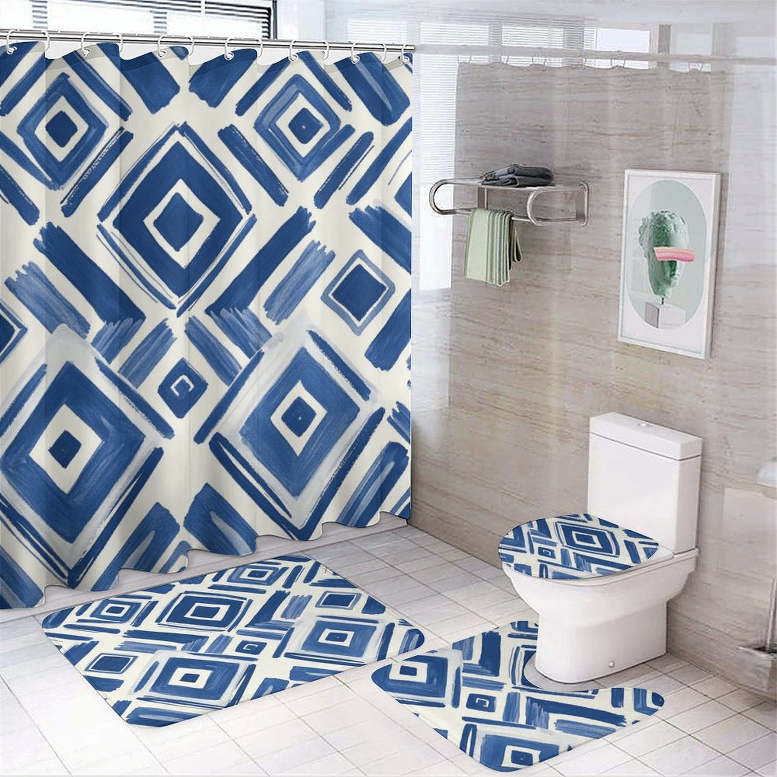 4 Piece Shower Curtain Sets Blue And White Squares, Triangles, And ...