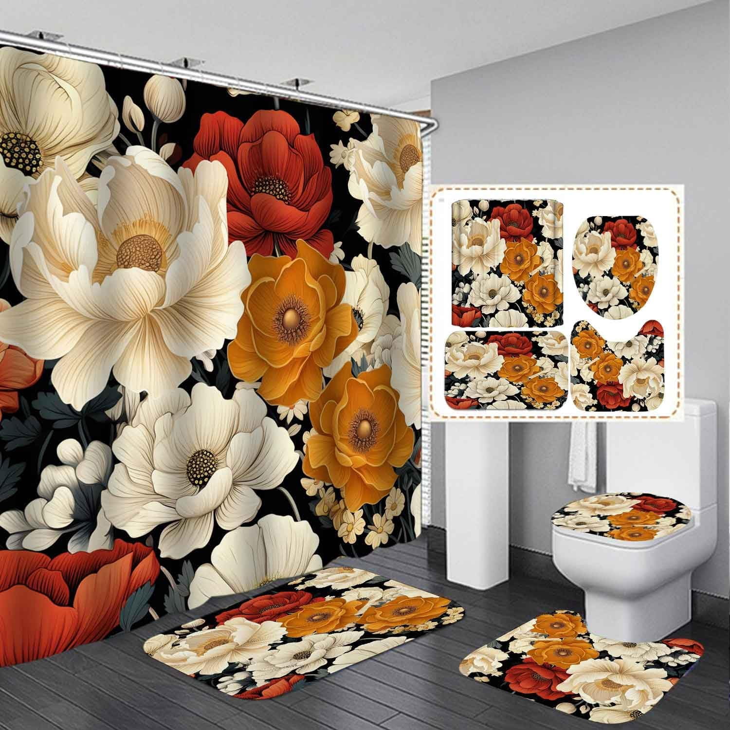 4-Piece Shower Curtain Sets Botanical Floral Design, Waterproof ...