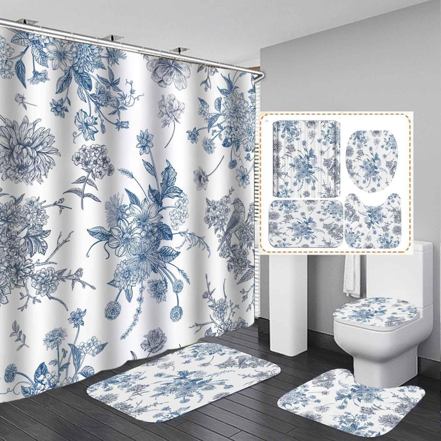 4-Piece Shower Curtain Sets Botanical Floral Design, Waterproof ...