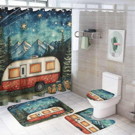 4 Piece Shower Curtain Sets Camping Bear Family with Rugs Toilet Lid ...