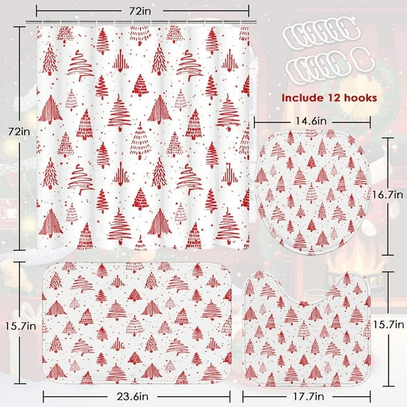 4 Piece Shower Curtain Sets, Christmas Tree Red White Doodle with Non ...