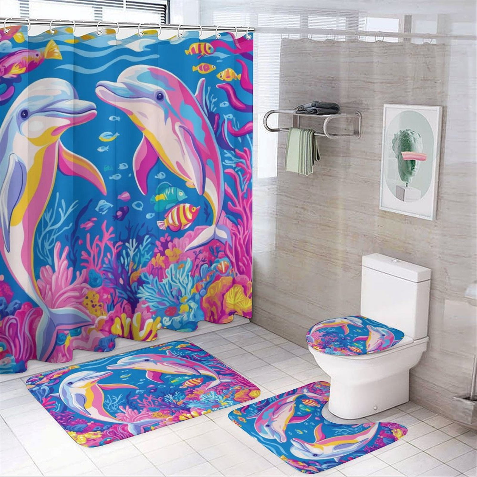 4 Piece Shower Curtain Sets Colorful Underwater Scene Two Dolphins ...