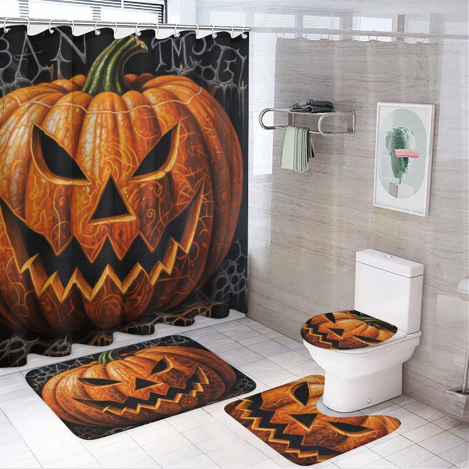 4 Piece Shower Curtain Sets Halloween Scary Pumpkin Web with Rugs ...