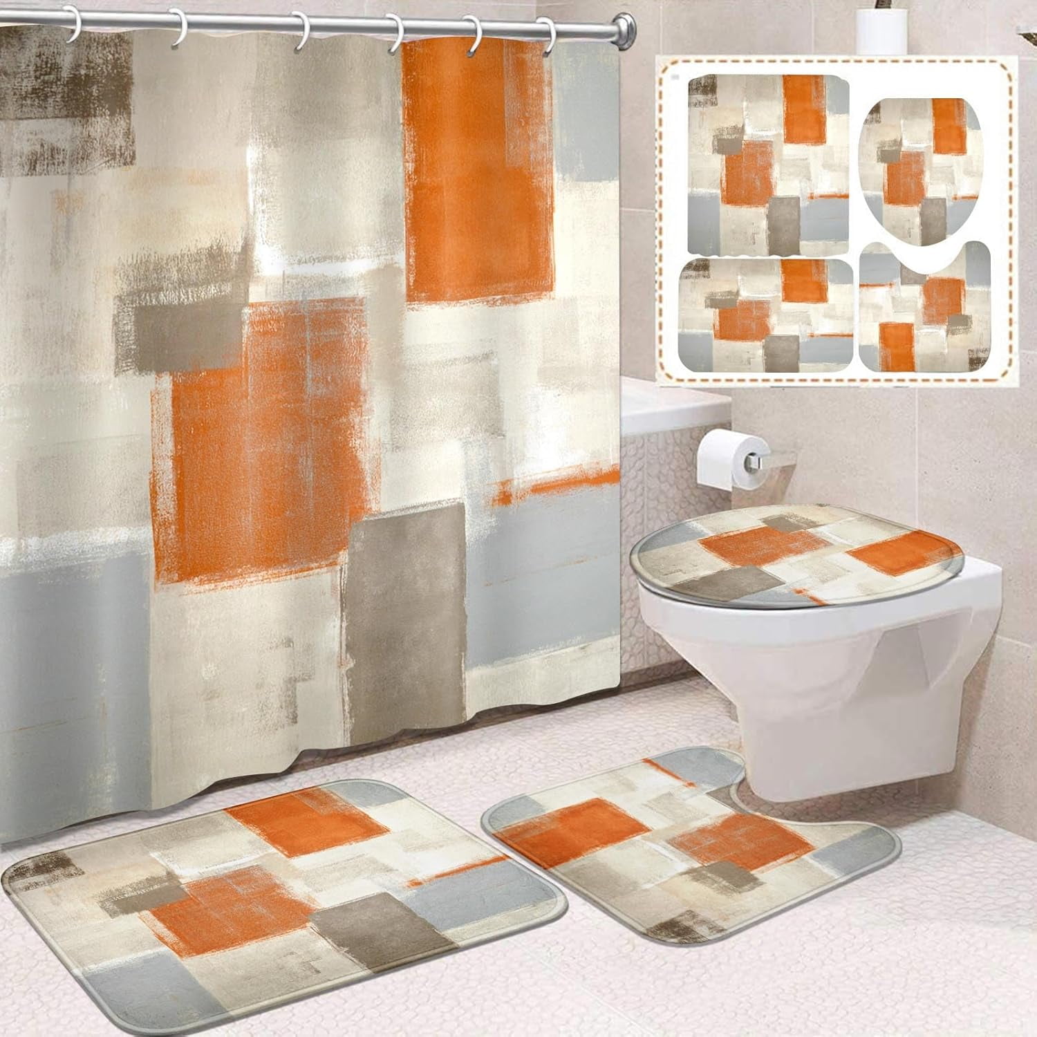 4-Piece Shower Curtain Sets with Non-Slip Bath Mat & Toilet Cover ...