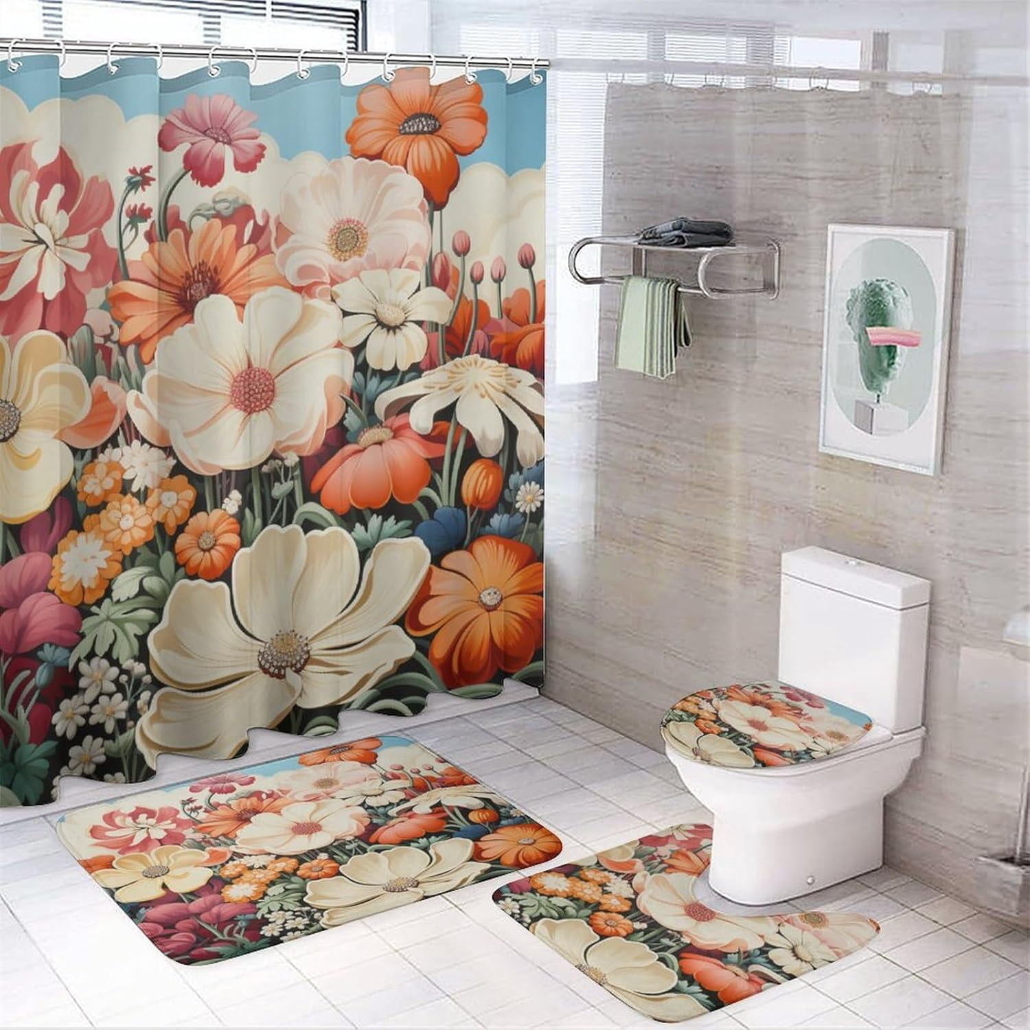 4 Piece Shower Curtain Sets Orange and Purple Flowers Bathroom Sets ...