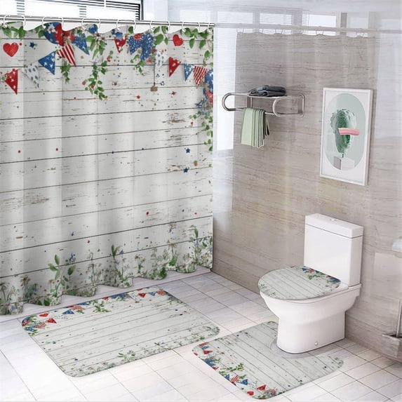 4 Piece Shower Curtain Sets Patriotic 4th of July Non-Slip Rugs And ...