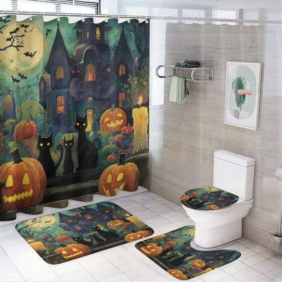 4 Piece Shower Curtain Sets Pumpkins Black Cats And Haunted House ...