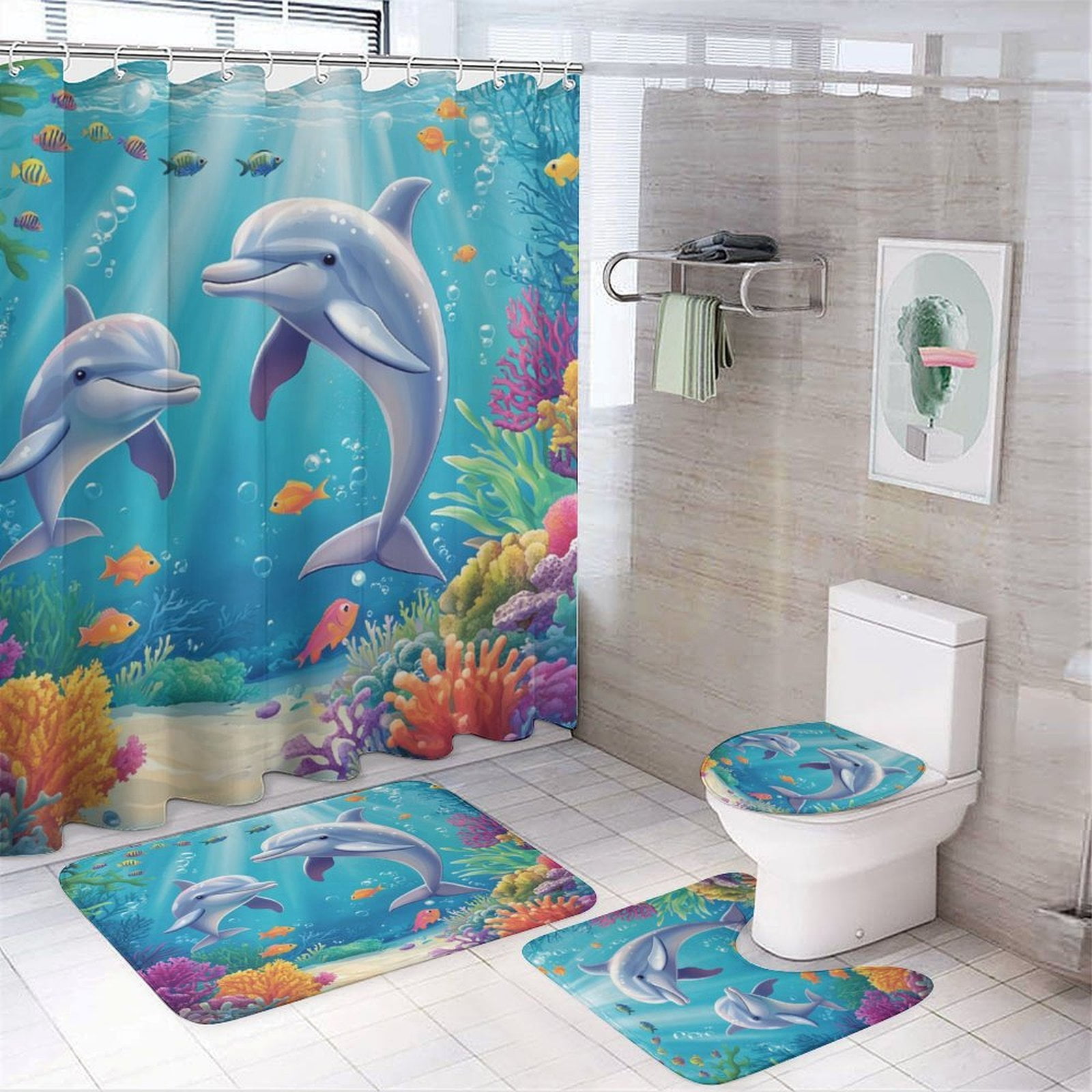 4 Piece Shower Curtain Sets Rug Toilet Lid Cover and Non-Slip U Shape ...