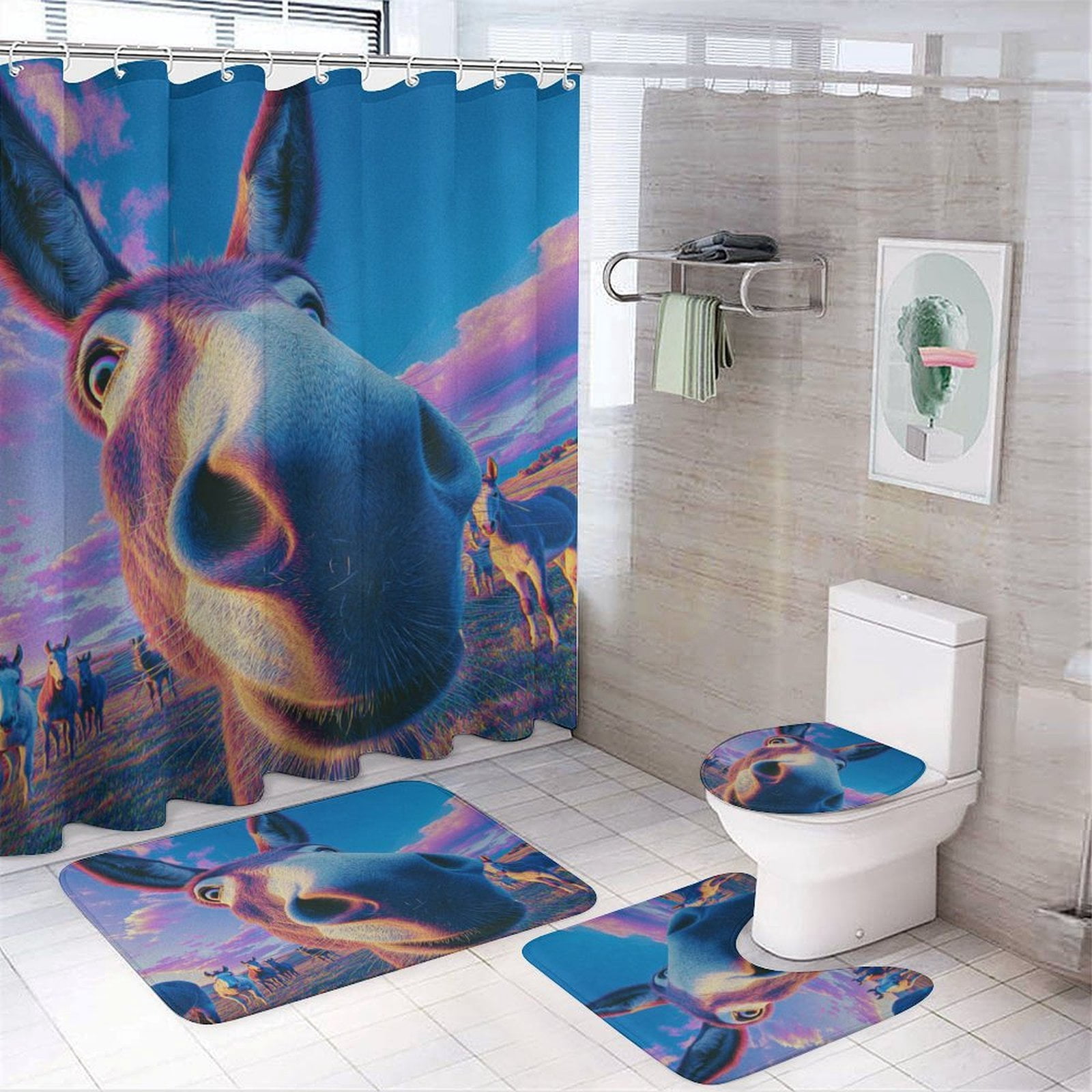 4 Piece Shower Curtain Sets Rug Toilet Lid Cover and Non-Slip U Shape ...