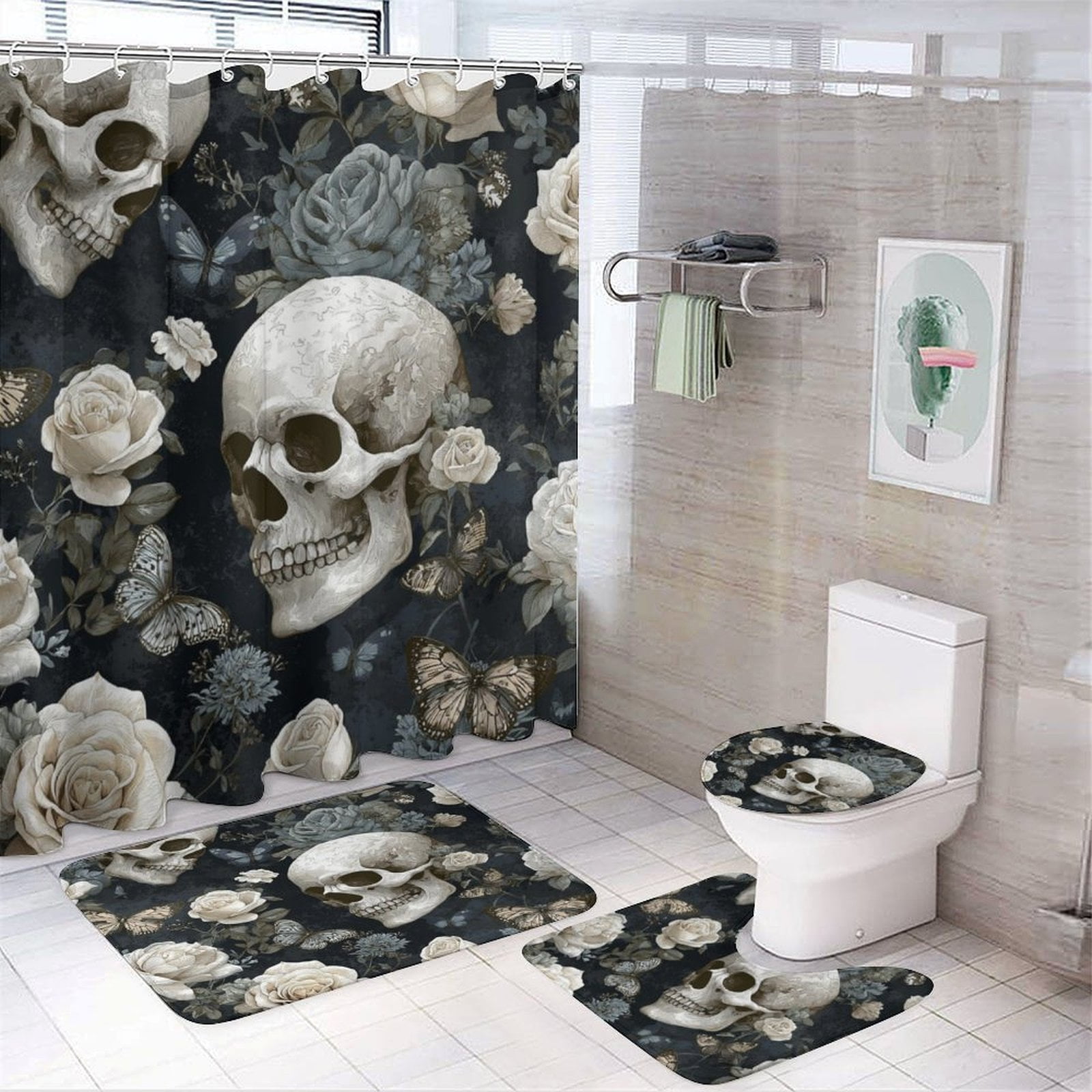 4 Piece Shower Curtain Sets Rug Toilet Lid Cover And Non-Slip U Shape ...