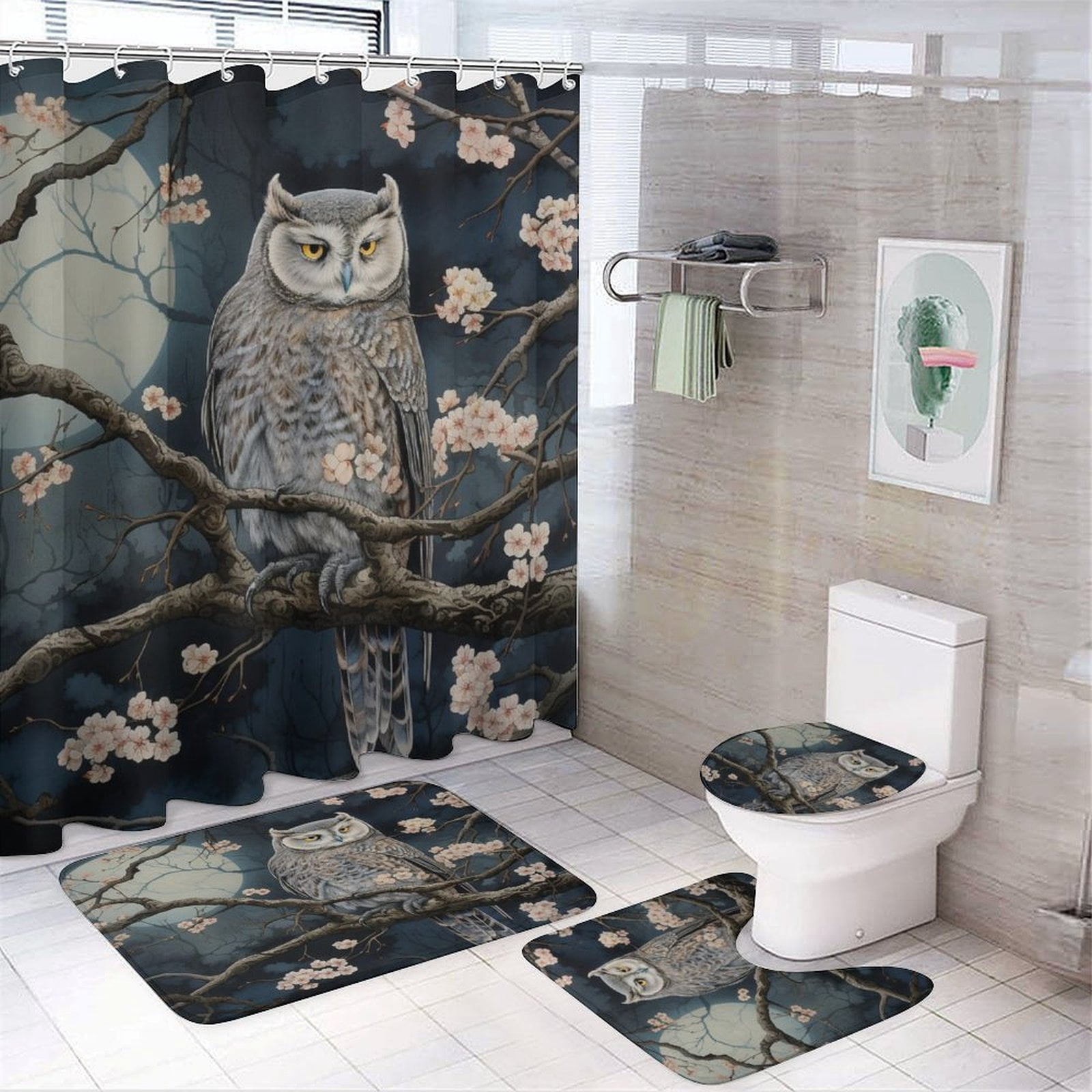 4 Piece Shower Curtain Sets Rug Toilet Lid Cover and Non-Slip U Shape ...