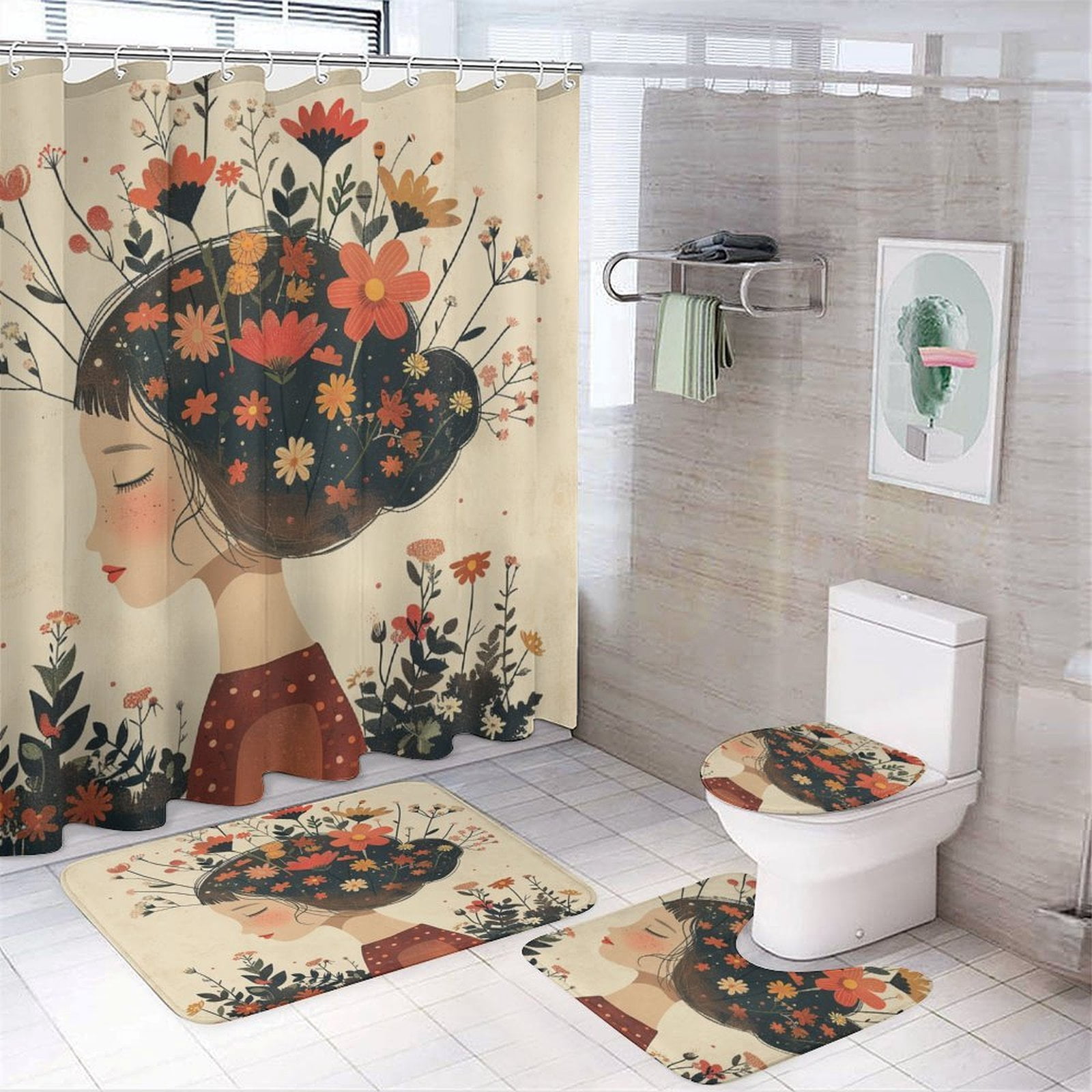 4 Piece Shower Curtain Sets with Rugs Toilet Lid Cover And Bath Mat You ...