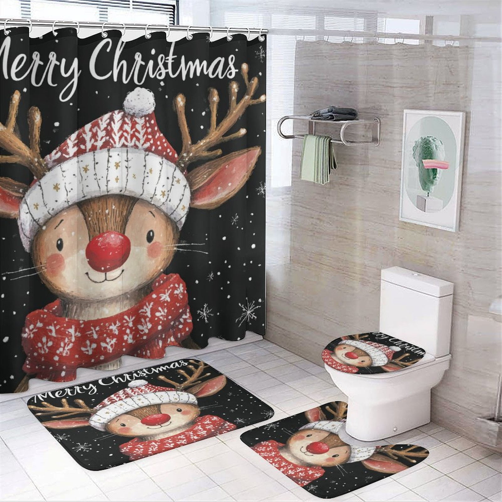 4 Piece Shower Curtain Sets Rustic Xmas Deer Reindeer Snowflakes ...