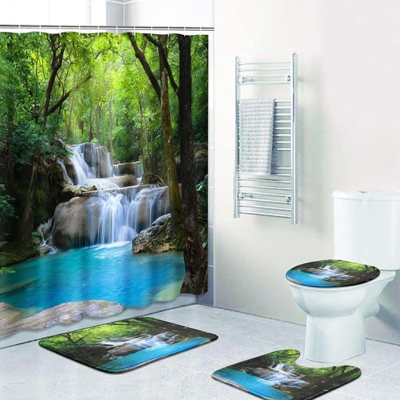 4 Piece Shower Curtain Sets, Scenery Waterfall with Non-Slip Rugs ...
