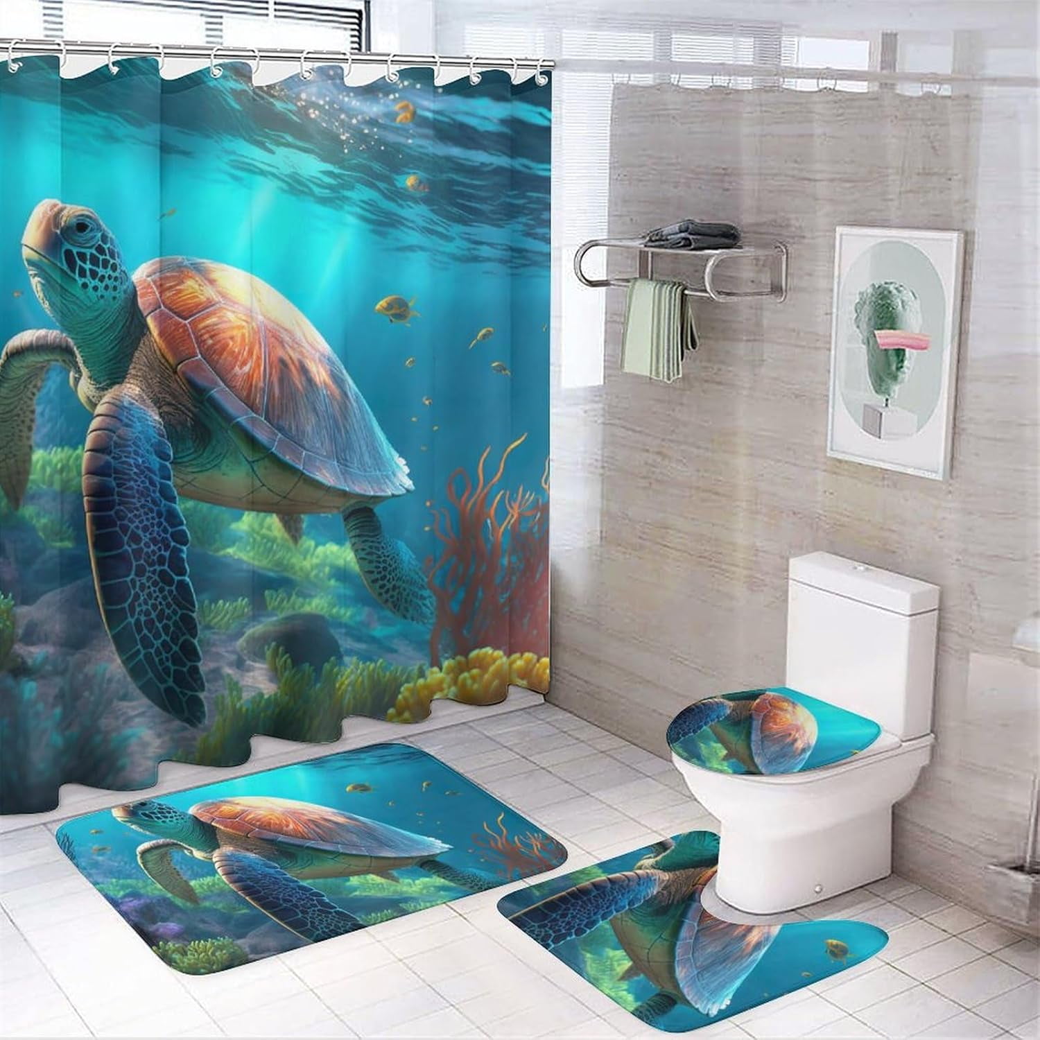 4 Piece Shower Curtain Sets Sea Turtle Swimming Fantastic Seaworld Rug ...
