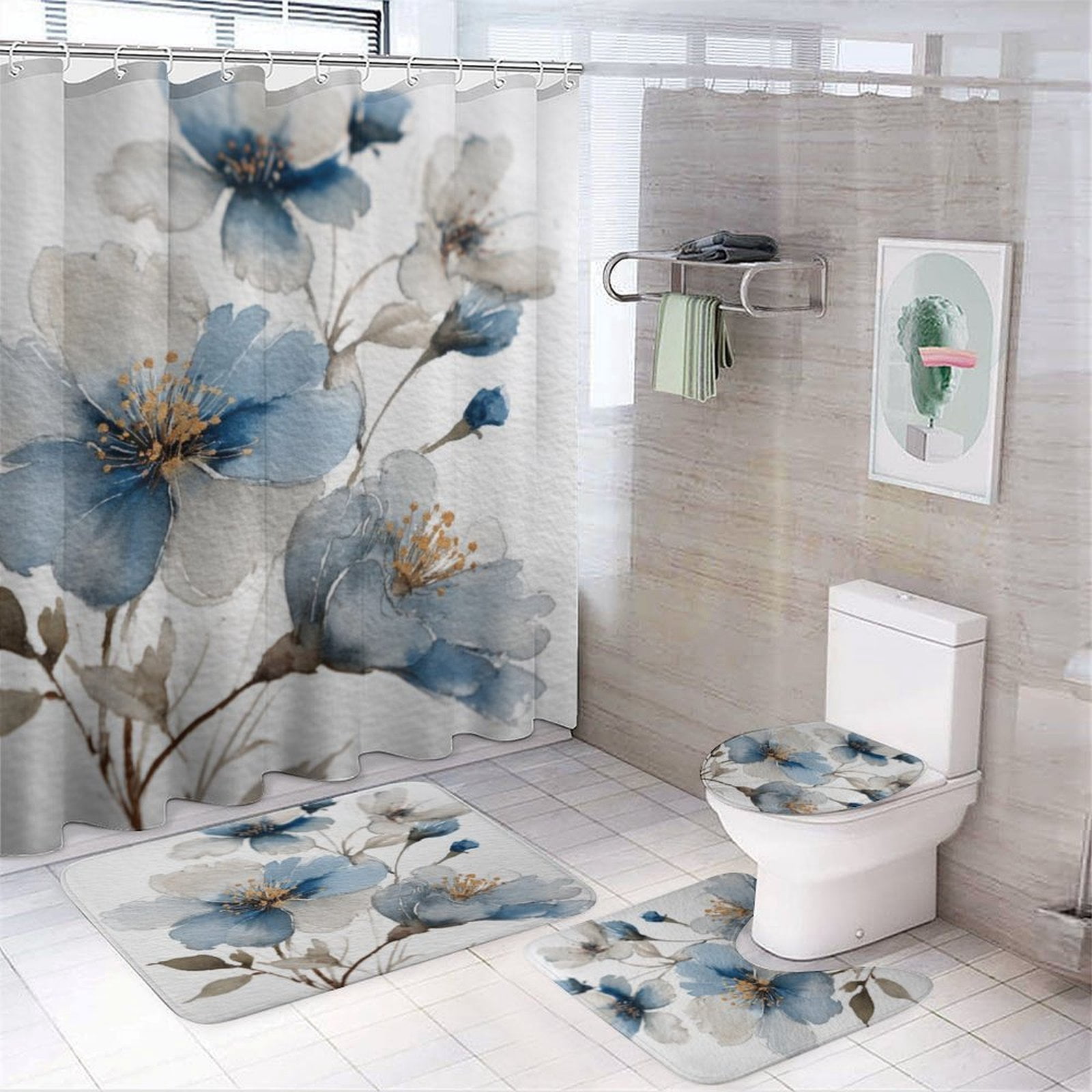 4 Piece Shower Curtain Sets Shower Curtain Set with Non-Slip Rugs ...