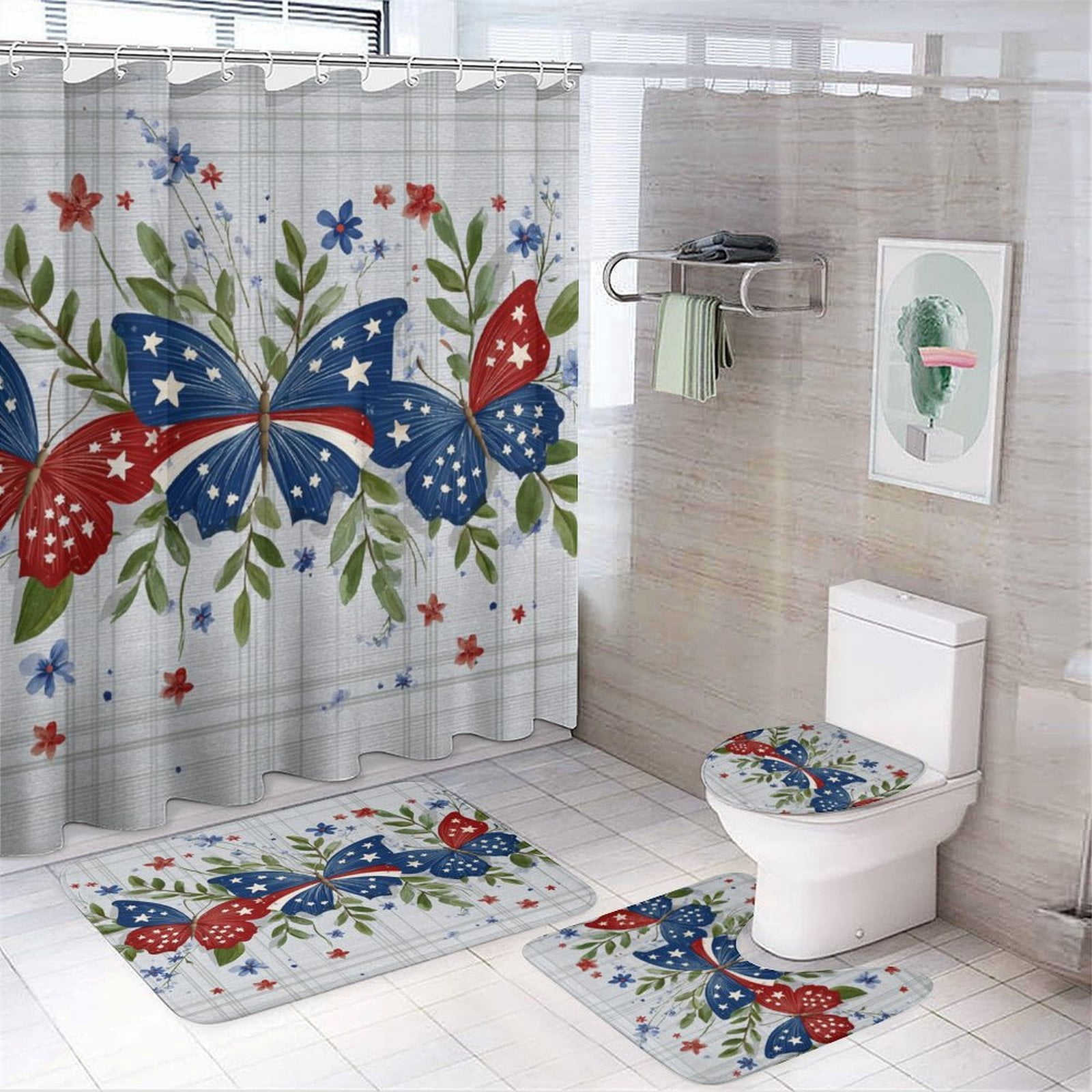 4 Piece Shower Curtain Sets Shower Curtain Set with Rugs Green Leaves ...