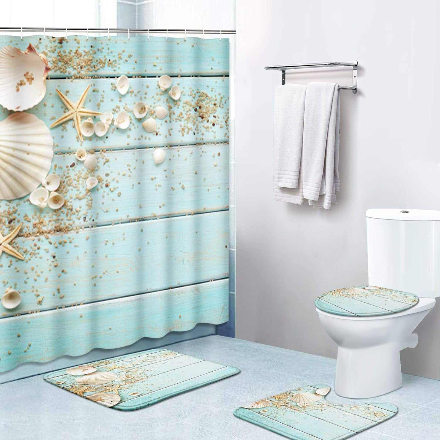 4 Piece Shower Curtain Sets, Summer Seashells Sand Beach Completo with ...