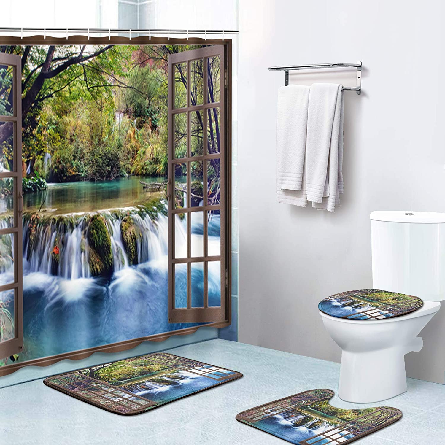 4 Piece Shower Curtain Sets, Window Waterfall Scenery with Non-Slip ...