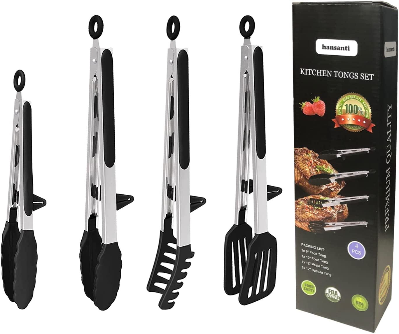 4-Piece Silicone Kitchen Cooking Tongs Set, Stainless Steel Non-Stick ...