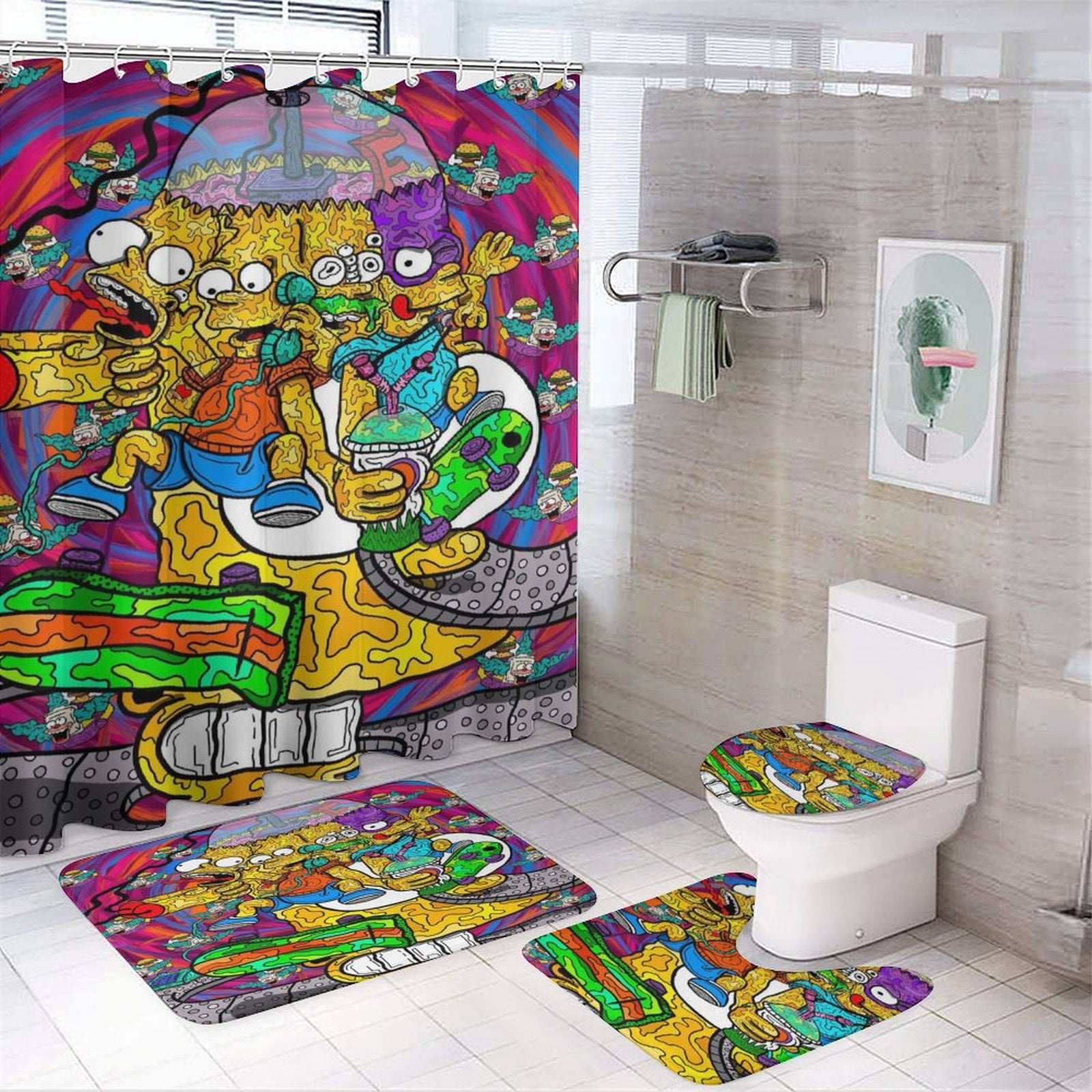 4 Piece Simpsons Shower Curtain Set with Non-Slip Rug, Toilet Lid Cover ...
