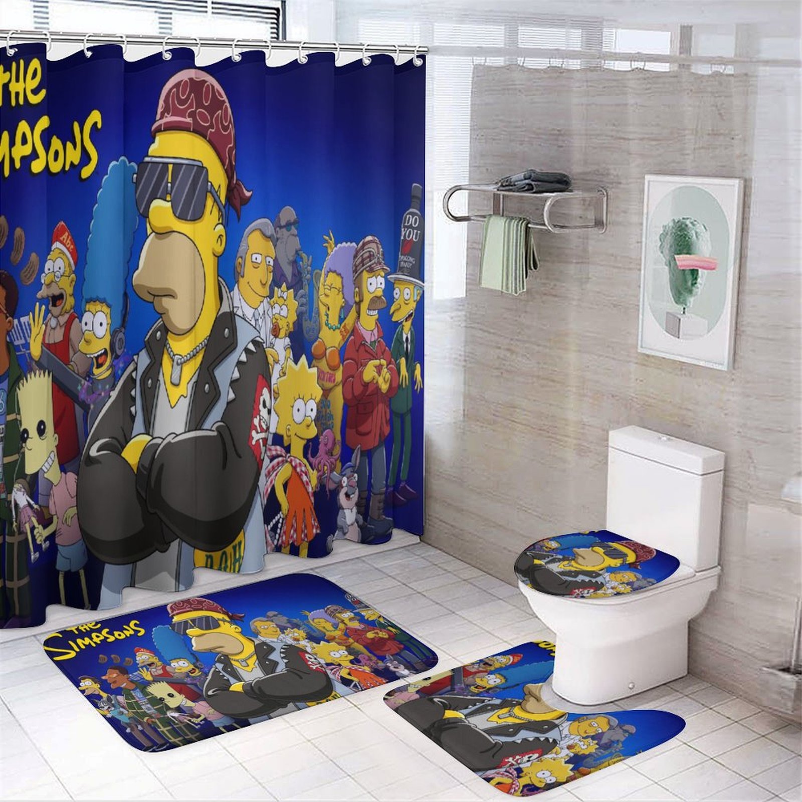 4 Piece Simpsons Shower Curtain Set with Non-Slip Rug, Toilet Lid Cover ...